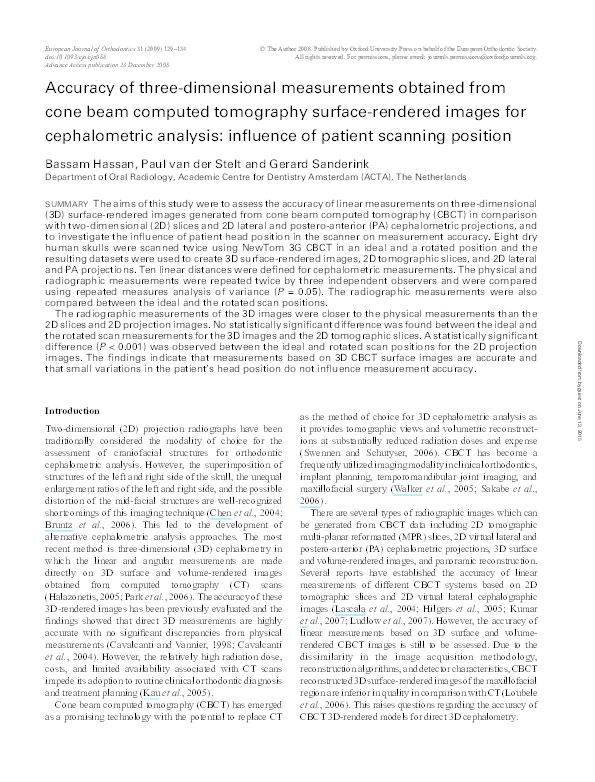 Pdf Accuracy Of Three Dimensional Measurements Obtained From Cone Beam Computed Tomography