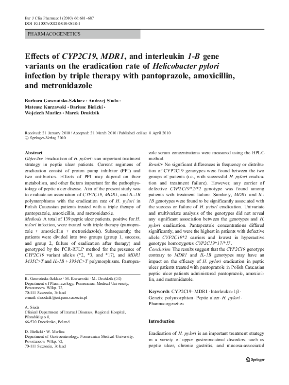 (PDF) Effects of CYP2C19, MDR1, and interleukin 1-B gene variants on the eradication rate of ...