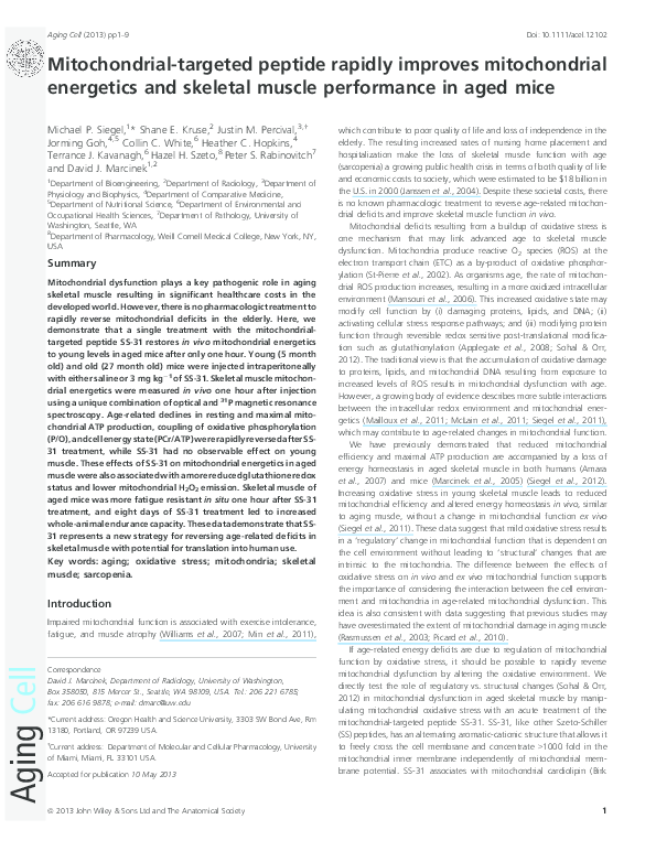 (PDF) Mitochondrial-targeted peptide rapidly improves mitochondrial energetics and skeletal ...