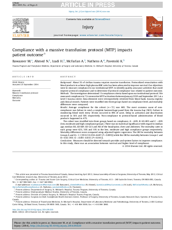 (PDF) Compliance with a massive transfusion protocol (MTP) impacts ...