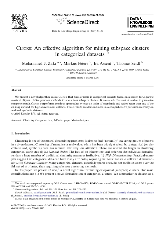 Pdf Clicks An Effective Algorithm For Mining Subspace Clusters In Categorical Datasets