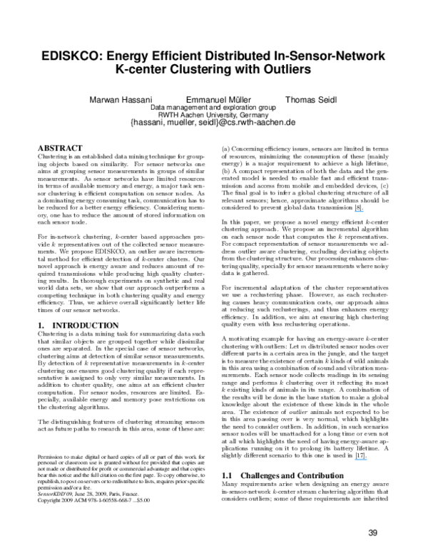 (PDF) EDISKCO: energy efficient distributed in-sensor-network k-center clustering with outliers