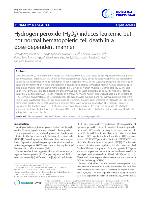 (PDF) H2O2 Induces Leukemic Cell Death, Sparing Normal