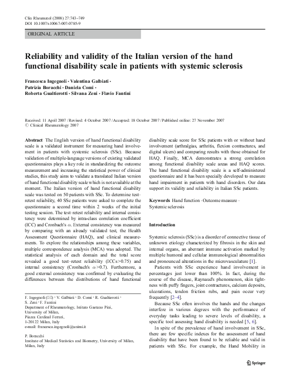 (PDF) Reliability and validity of the Italian version of the hand ...