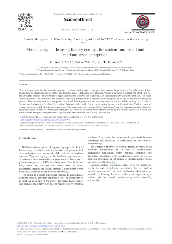 (PDF) Mini-factory – A Learning Factory Concept for Students and Small ...