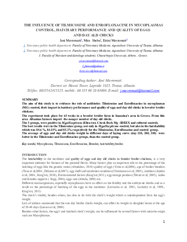 (DOC) The Influence of Tilmicosine and Enrofloxacine in Mycoplasmas ...