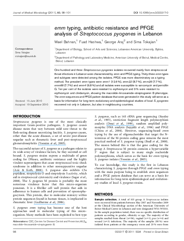 (PDF) emm typing, antibiotic resistance and PFGE analysis of Streptococcus pyogenes in Lebanon