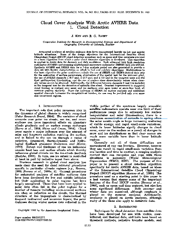 (PDF) Arctic Cloud Detection Using AVHRR Data