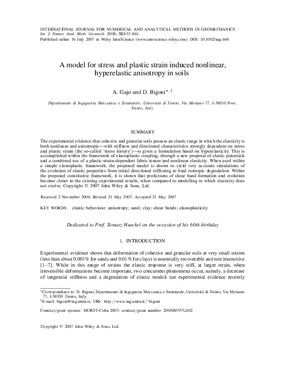 (PDF) A model for stress and plastic strain induced nonlinear, hyperelastic anisotropy in soils