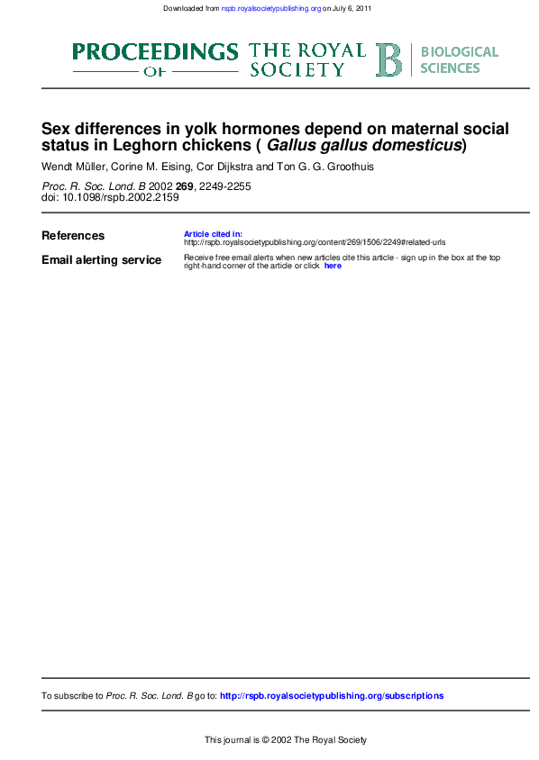 Pdf Sex Differences In Yolk Hormones Depend On Maternal Social Status
