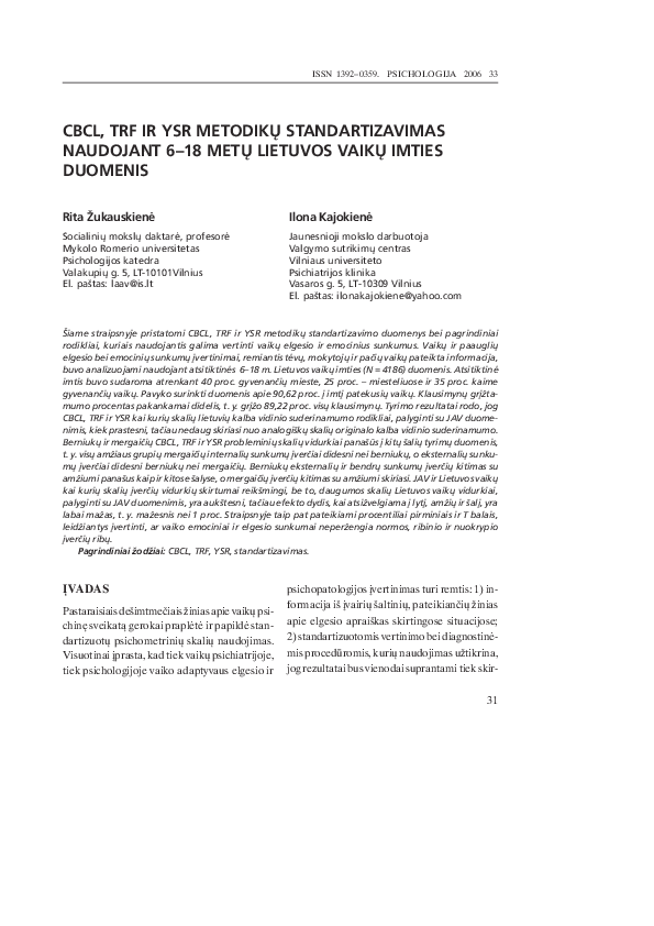 (PDF) CBCL, TRF IR YSR METODIKØ STANDARTIZAVIMAS NAUDOJANT 6-18 METØ ...