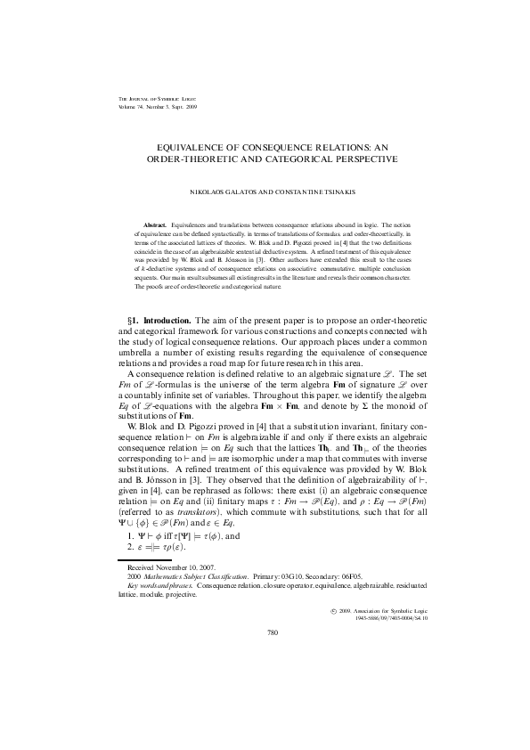 (PDF) Equivalence of consequence relations: an order-theoretic and categorical perspective
