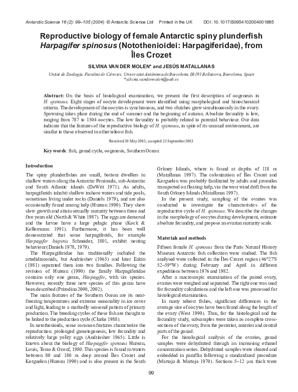 (PDF) Reproductive biology of female Antarctic spiny plunderfish ...