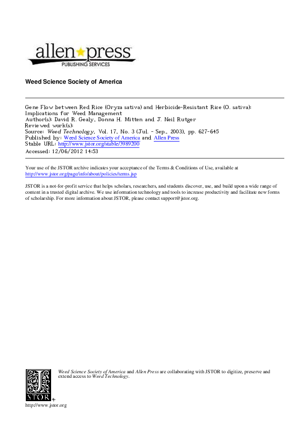(PDF) Gene Flow Between Red Rice (Oryza sativa) and Herbicide-Resistant ...