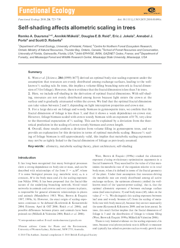 (PDF) Self-shading affects allometric scaling in trees