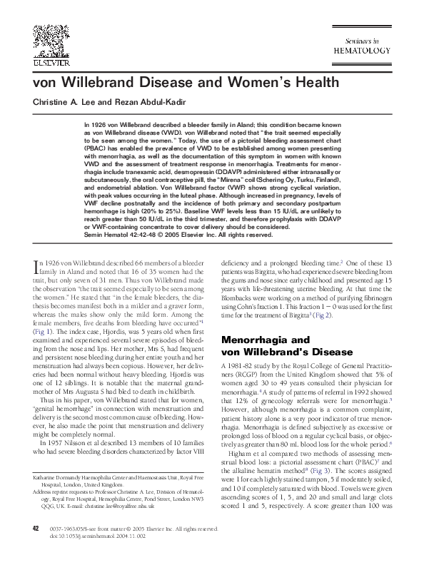 (PDF) Von Willebrand Disease in Women's Health