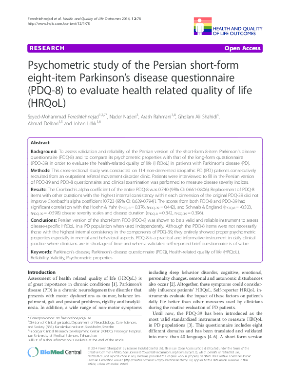 (PDF) Psychometric study of the Persian short-form eight-item Parkinson ...