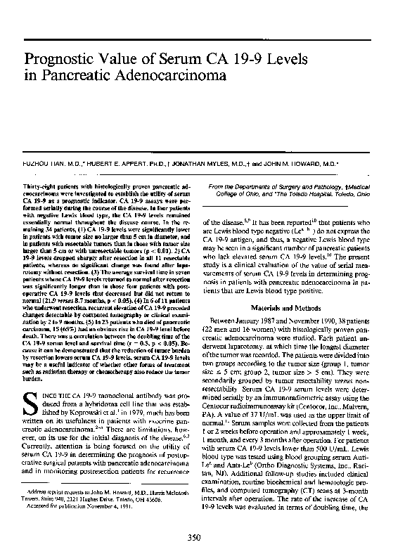 (PDF) Prognostic Value of Serum CA 19–9 Levels in Pancreatic Adenocarcinoma (PDF) Prognostic Value of Serum CA 19–9 Levels in Pancreatic Adenocarcinoma