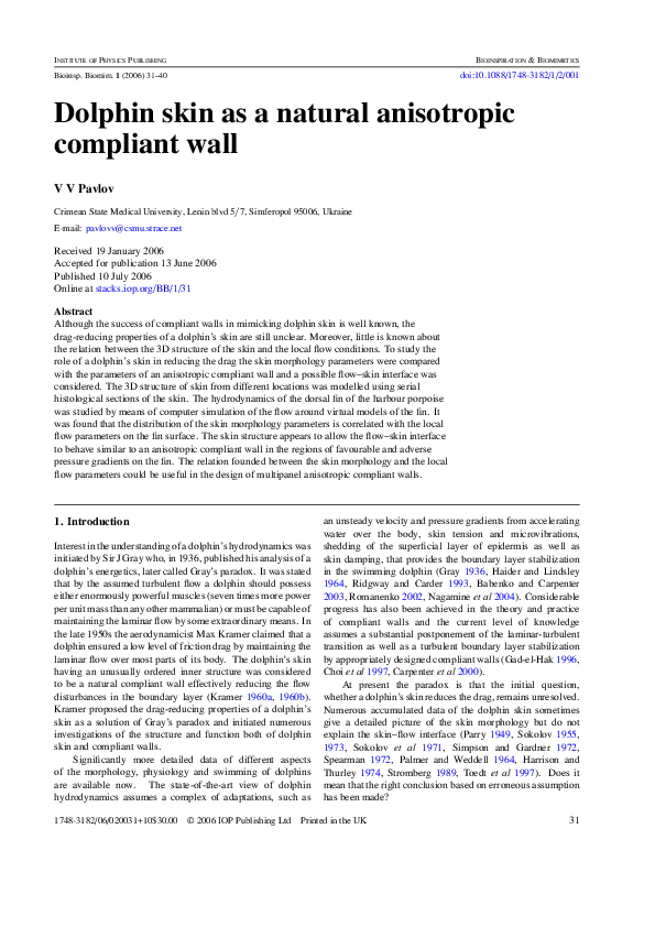 (PDF) Dolphin skin as a natural anisotropic compliant wall