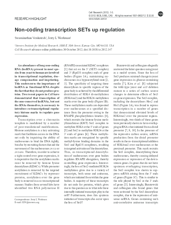 (PDF) Non-coding transcription SETs up regulation