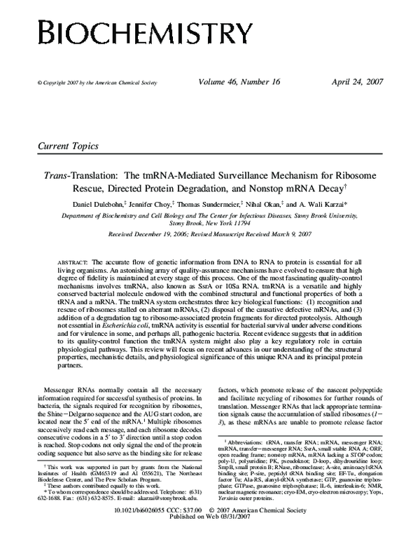 (PDF) Trans -Translation: The tmRNA-Mediated Surveillance Mechanism for ...