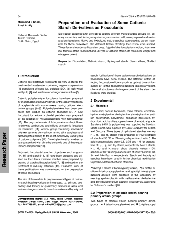 (PDF) Preparation and Evaluation of Some Cationic Starch Derivatives as ...