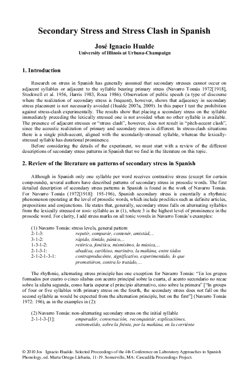 (PDF) Secondary stress and stress clash in Spanish