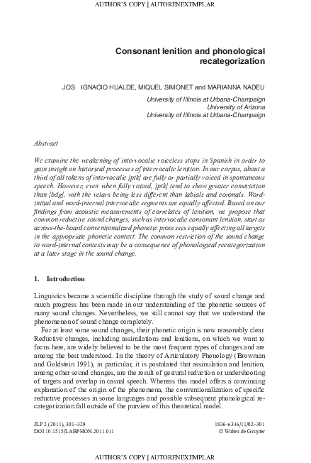 (PDF) Consonant lenition and phonological recategorization