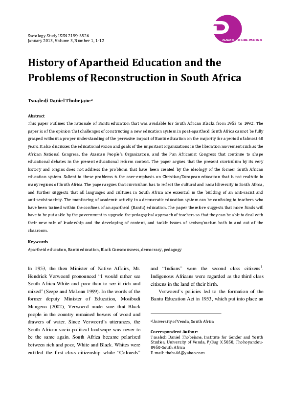 (PDF) History of Apartheid Education and the