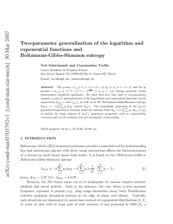 Pdf Two Parameter Generalization Of The Logarithm And Exponential