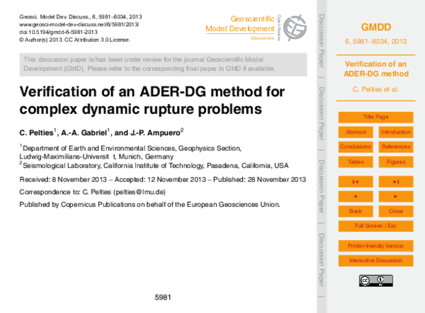 (PDF) Verification of an ADER-DG method for complex dynamic rupture problems