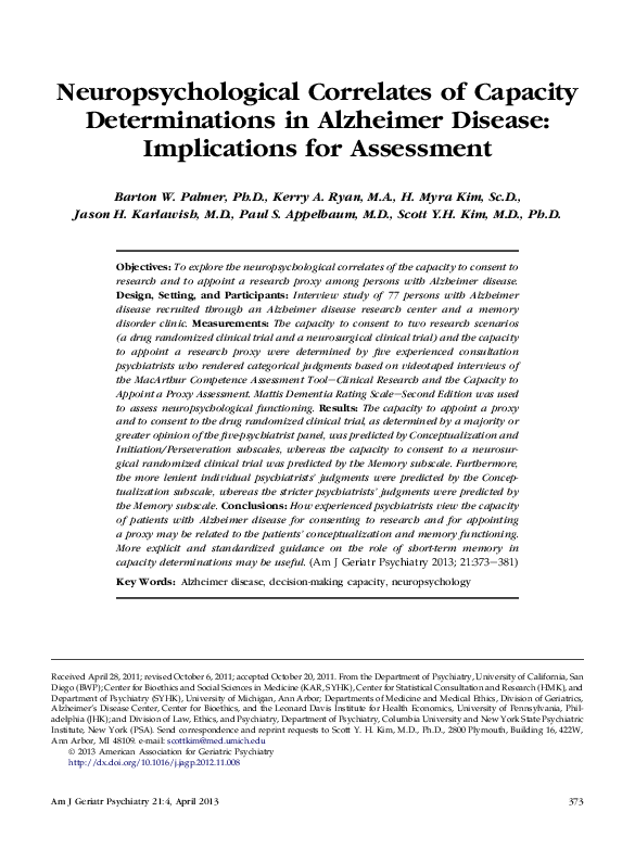 (PDF) Neuropsychological correlates of capacity determinations in ...