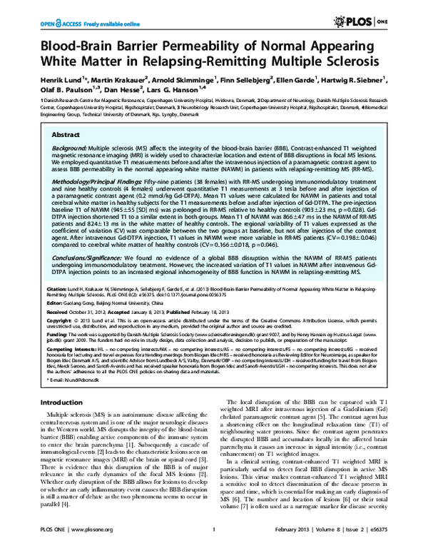 (PDF) Blood-Brain Barrier Permeability of Normal Appearing White Matter in Relapsing-Remitting ...