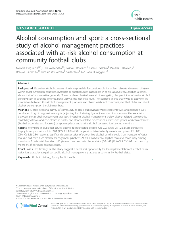 (PDF) Alcohol consumption and sport: a cross-sectional study of alcohol ... (PDF) Alcohol consumption and sport: a cross-sectional study of alcohol ...