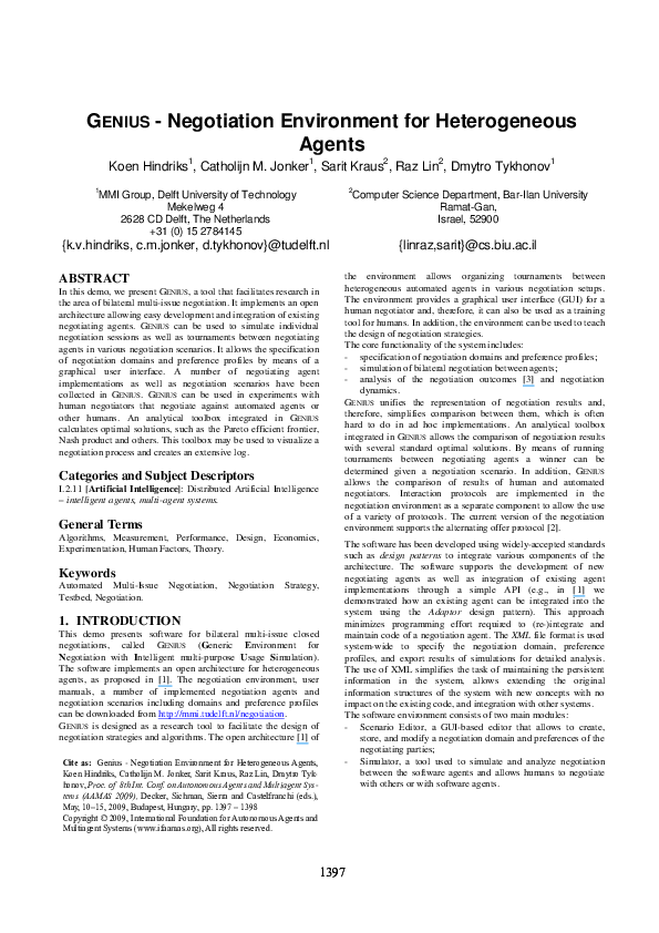 (PDF) Genius: negotiation environment for heterogeneous agents | Raz ...