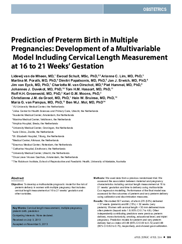 (PDF) Prediction of preterm birth in multiple pregnancies: development ...