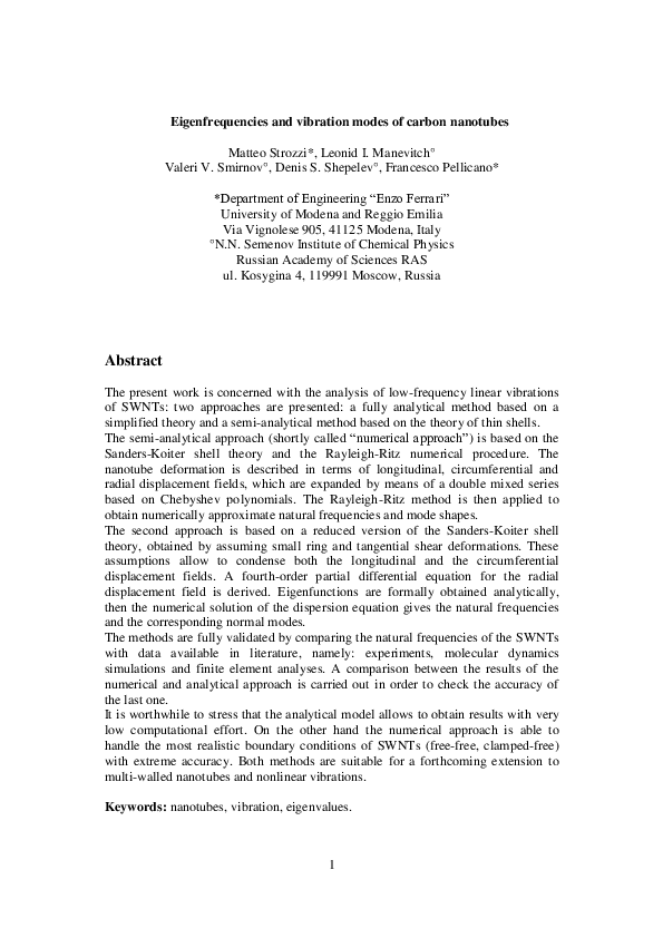 (PDF) Eigenfrequencies and vibration modes of carbon nanotubes