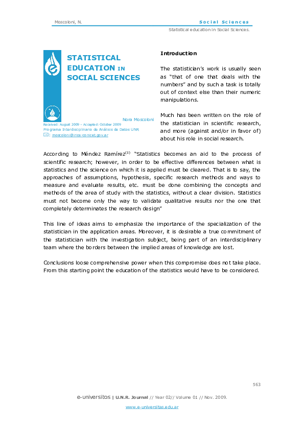 (PDF) Statistical education in Social Sciences