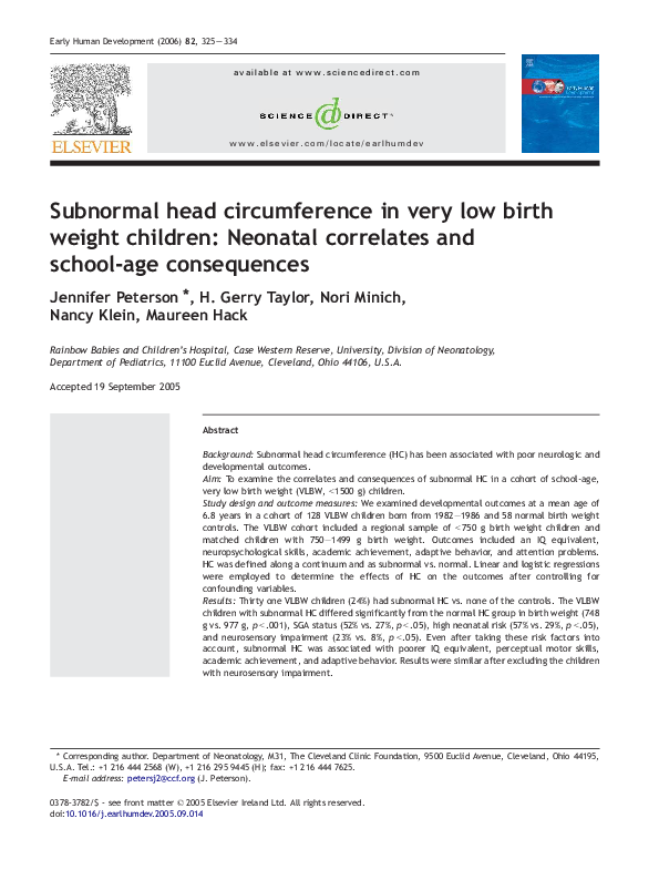 (PDF) Subnormal head circumference in very low birth weight children ...