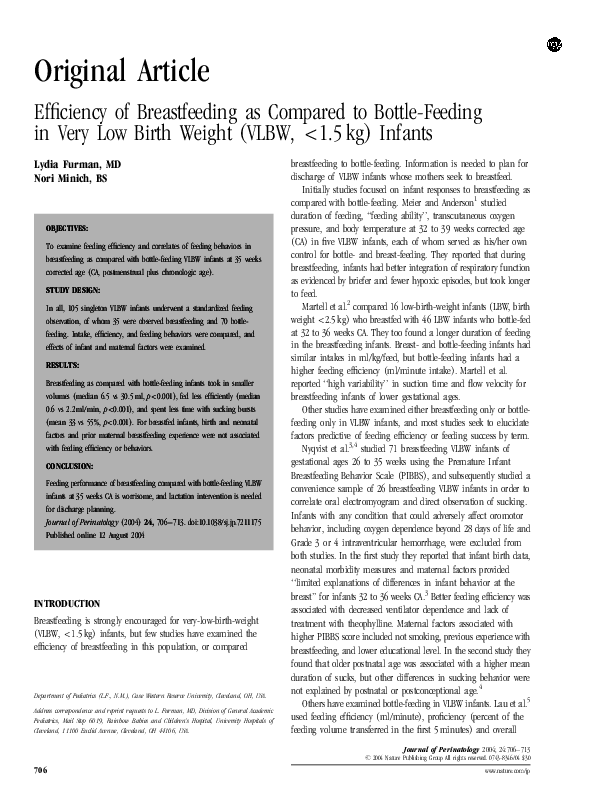 (PDF) Efficiency of Breastfeeding as Compared to Bottle-Feeding in Very ...