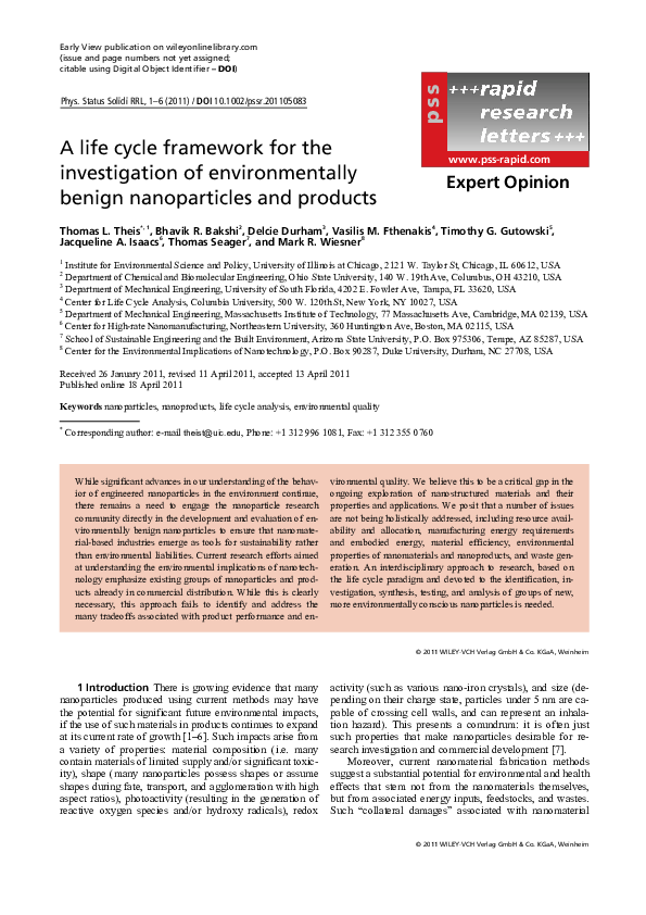 (PDF) A life cycle framework for the investigation of environmentally ...