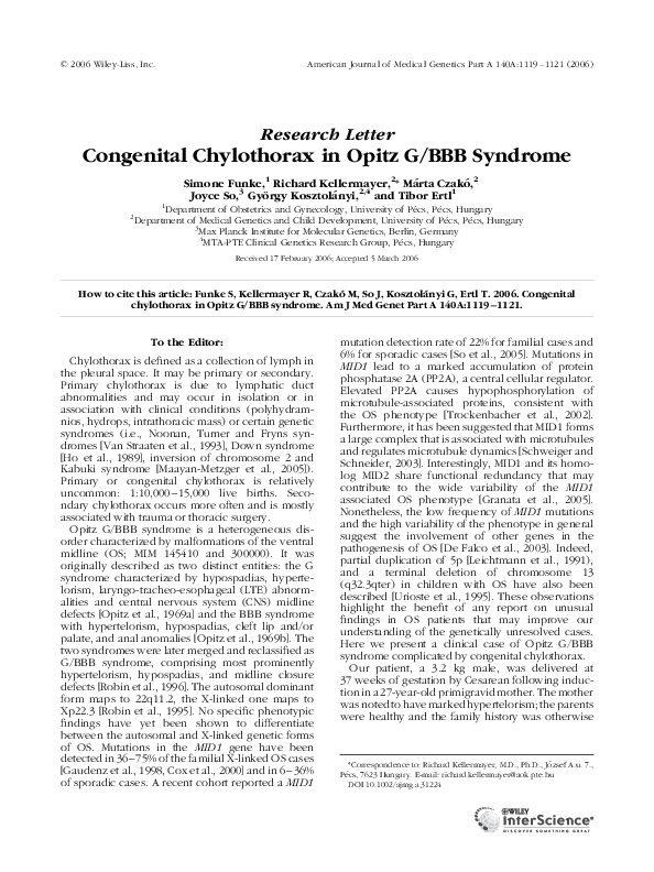 (PDF) Congenital chylothorax in Opitz G/BBB syndrome