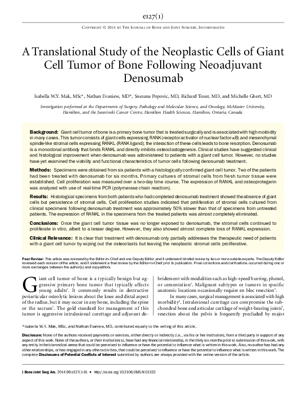 (PDF) The Role of Denosumab in the Modern Treatment of Giant Cell Tumor of Bone | Anthony Bozzo ...