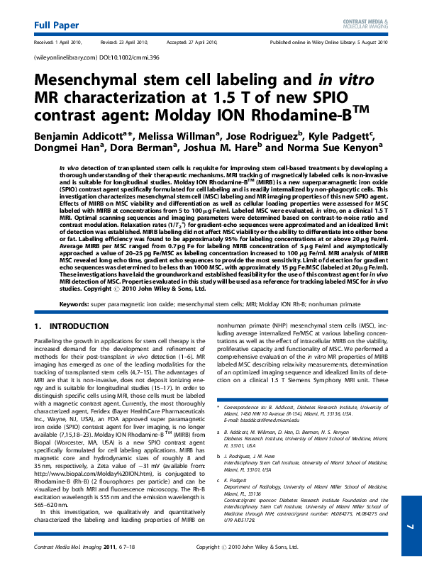 (PDF) Mesenchymal stem cell labeling and in vitro MR characterization ...