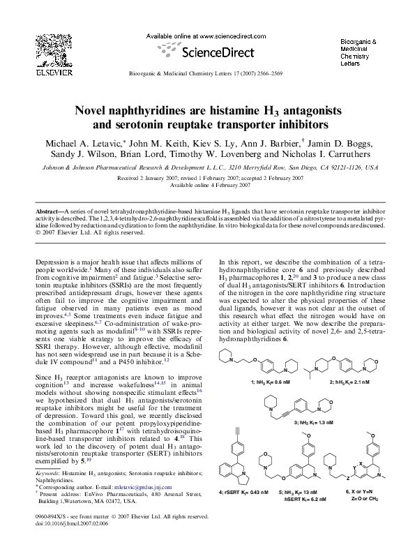 (PDF) Novel naphthyridines are histamine H3 antagonists and serotonin ...
