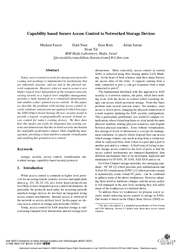 (PDF) Capability based Secure Access Control to Networked Storage Devices