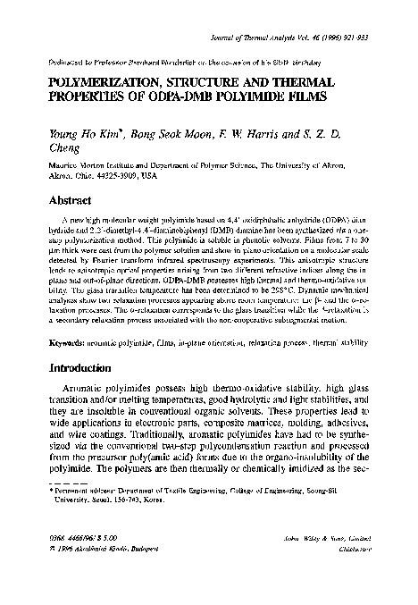 (PDF) Polymerization, structure and thermal properties of ODPA-DMB ...