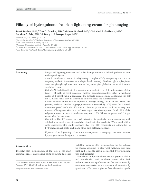 (PDF) Efficacy of hydroquinone-free skin-lightening cream for photoaging