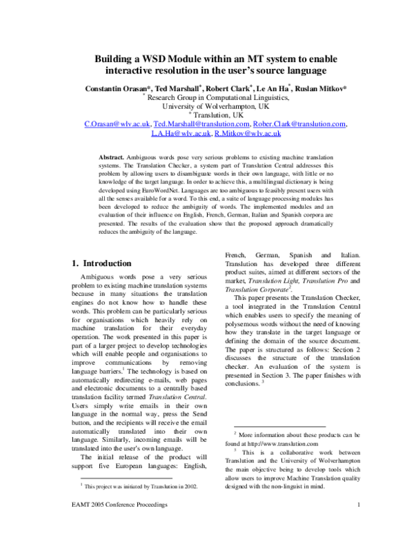 Pdf Building A Wsd Module Within An Mt System To Enable Interactive