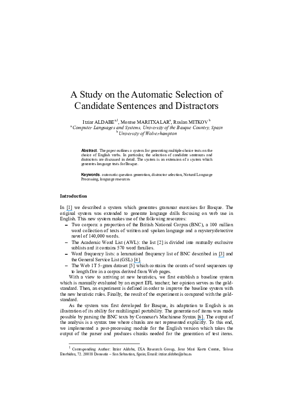 (PDF) A Study on the Automatic Selection of Candidate Sentences ...